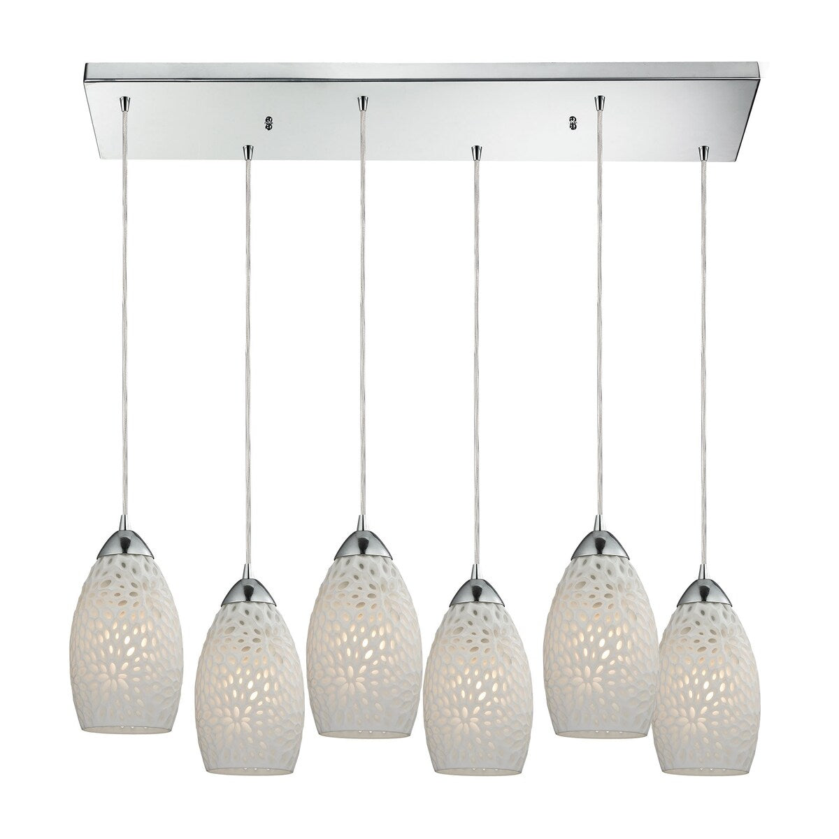 Etched Glass 6 Light Rectangular Pendant Fixture In Polished Chrome Wi