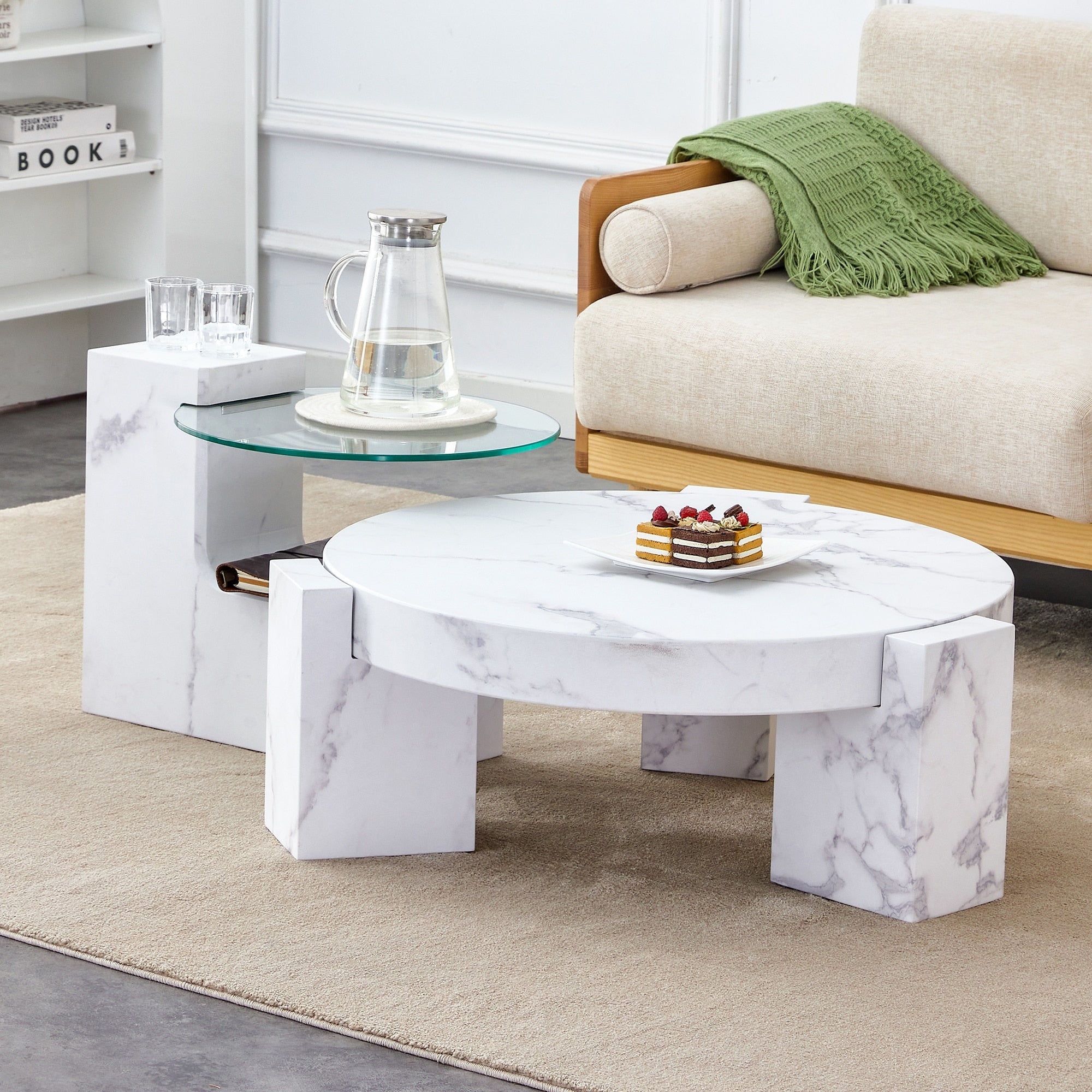 Fashionable Marble Textured MDF Coffee Table with Side Table Versatil