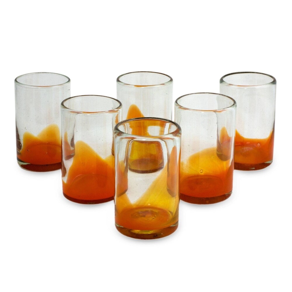 Handmade Blown Glass Orange Splash Juice Glasses Set Of 6 Mexico