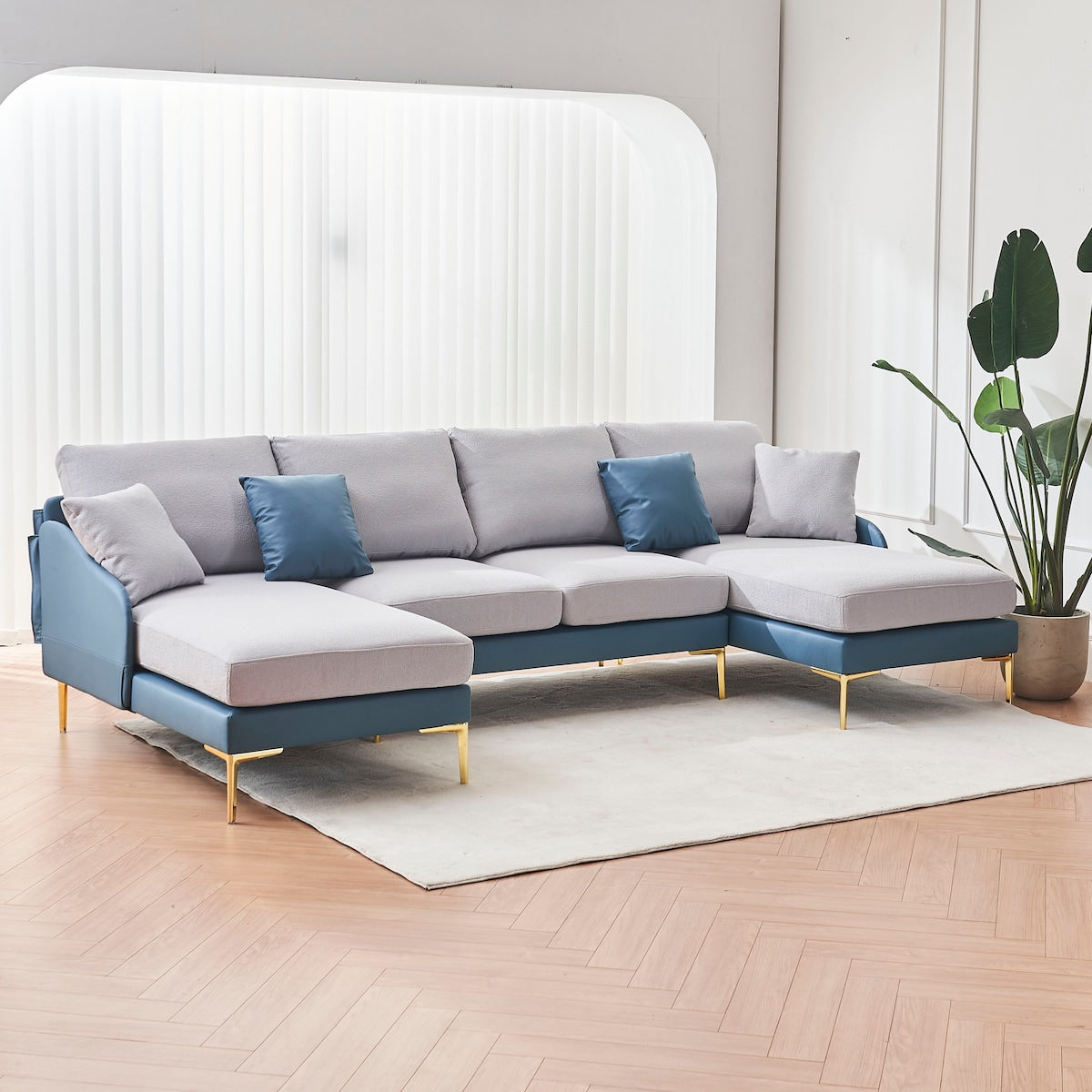 Modern Large Area Linen+Leathaire Fabric Color Matching Segmented Sofa ...