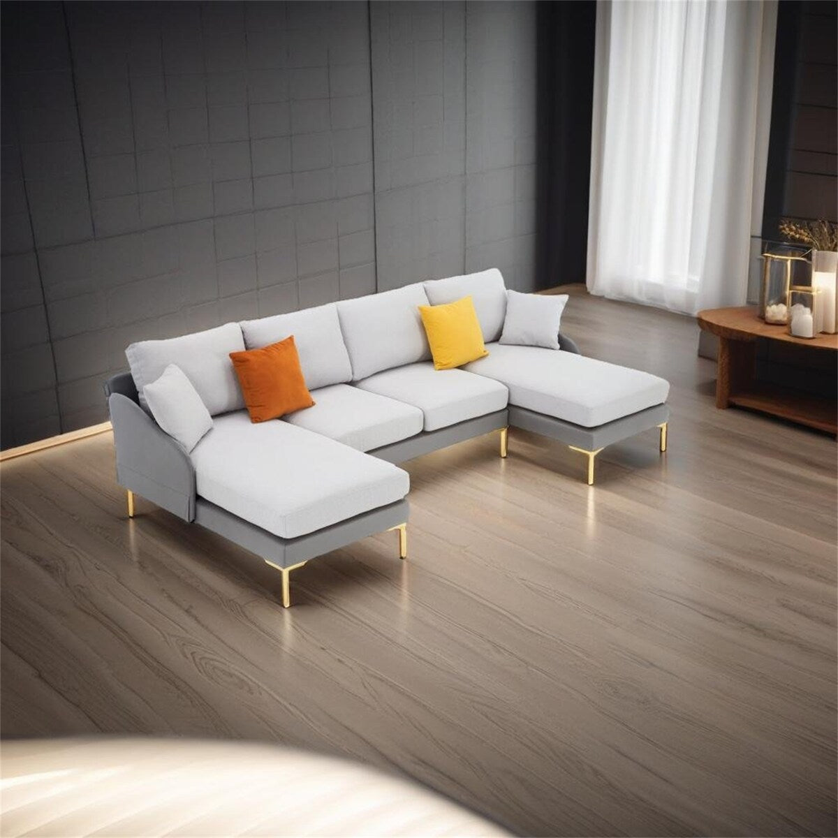 Modern Large Area Linen+Leathaire Fabric Color Matching Segmented Sofa ...