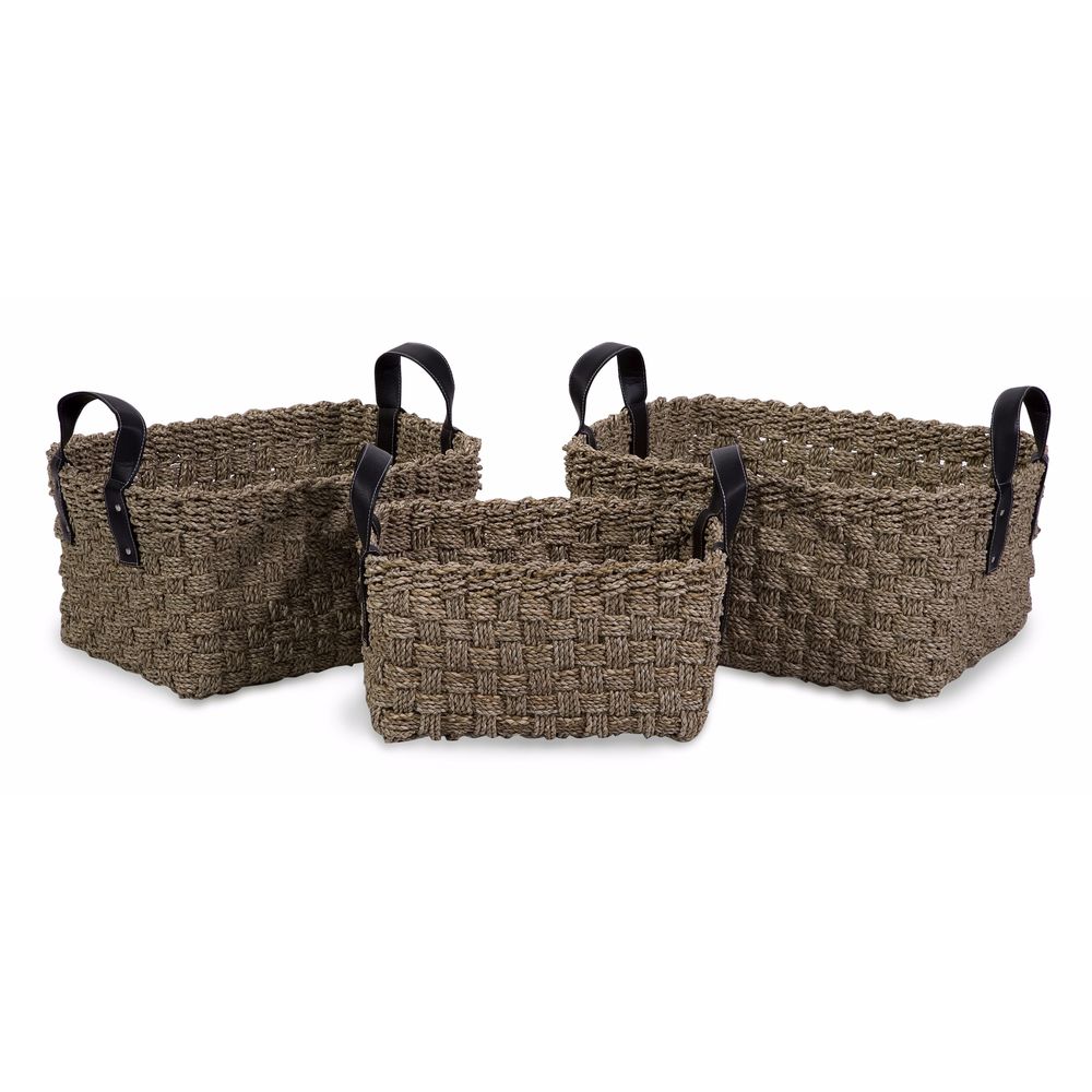 Natural Seagrass Baskets With Handles Set Of 3 Overstock