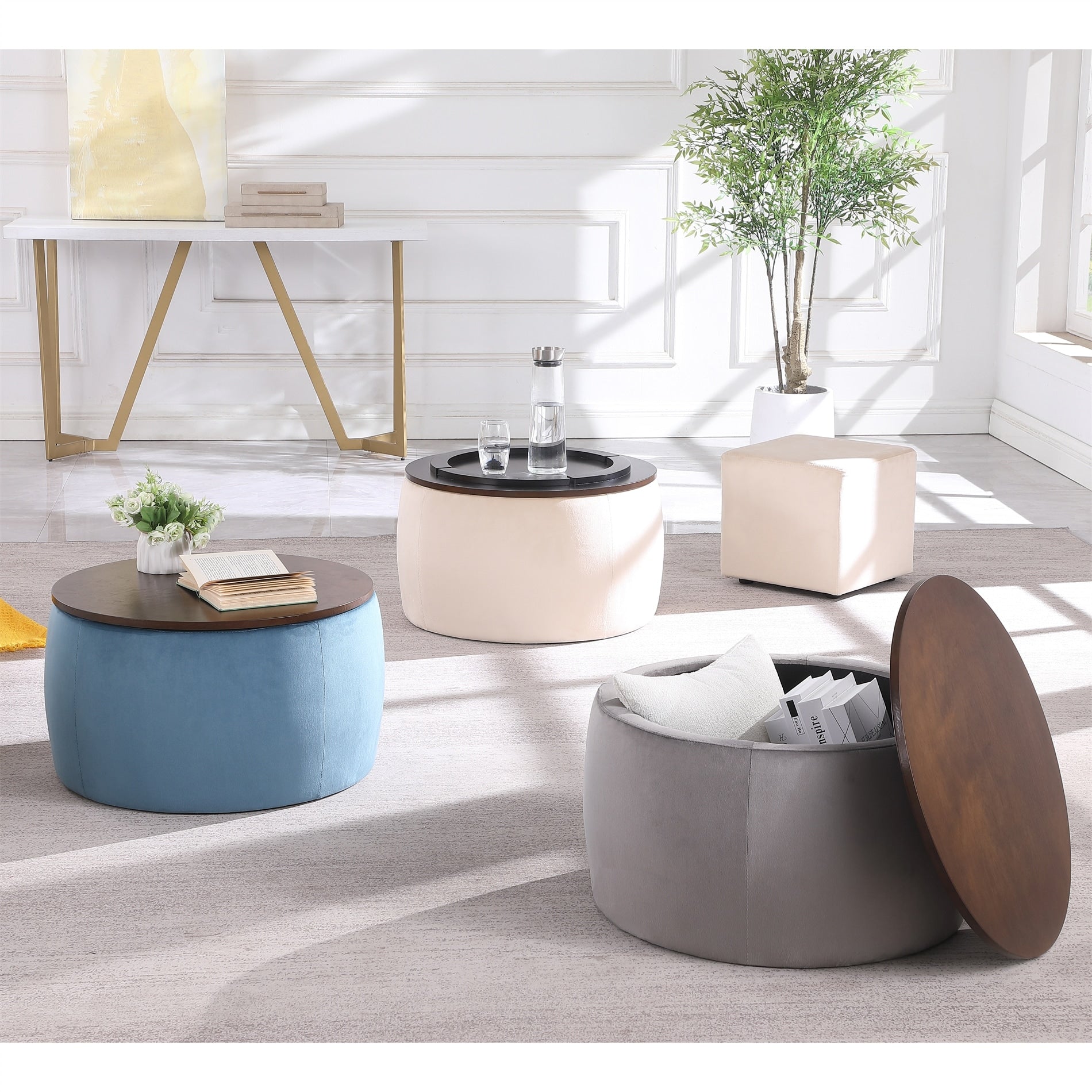 Bestcosty 2 in 1 Combination Round Ottoman Set Coffee Table with Storage Grey