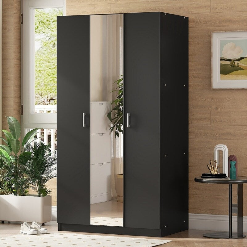 3 Door Wardrobe Closet with Mirror and Hanging Rod Bedroom Armoire wi