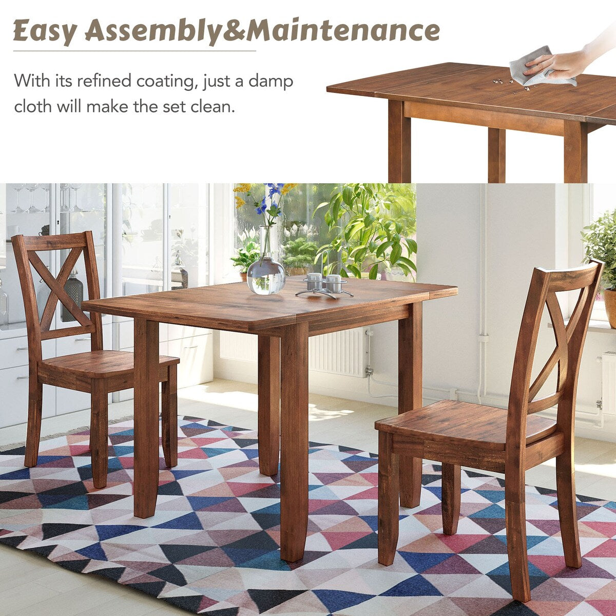 3 Piece Wood Extendable Drop Leaf Dining Table Set with 2 X Back Chair Overstock