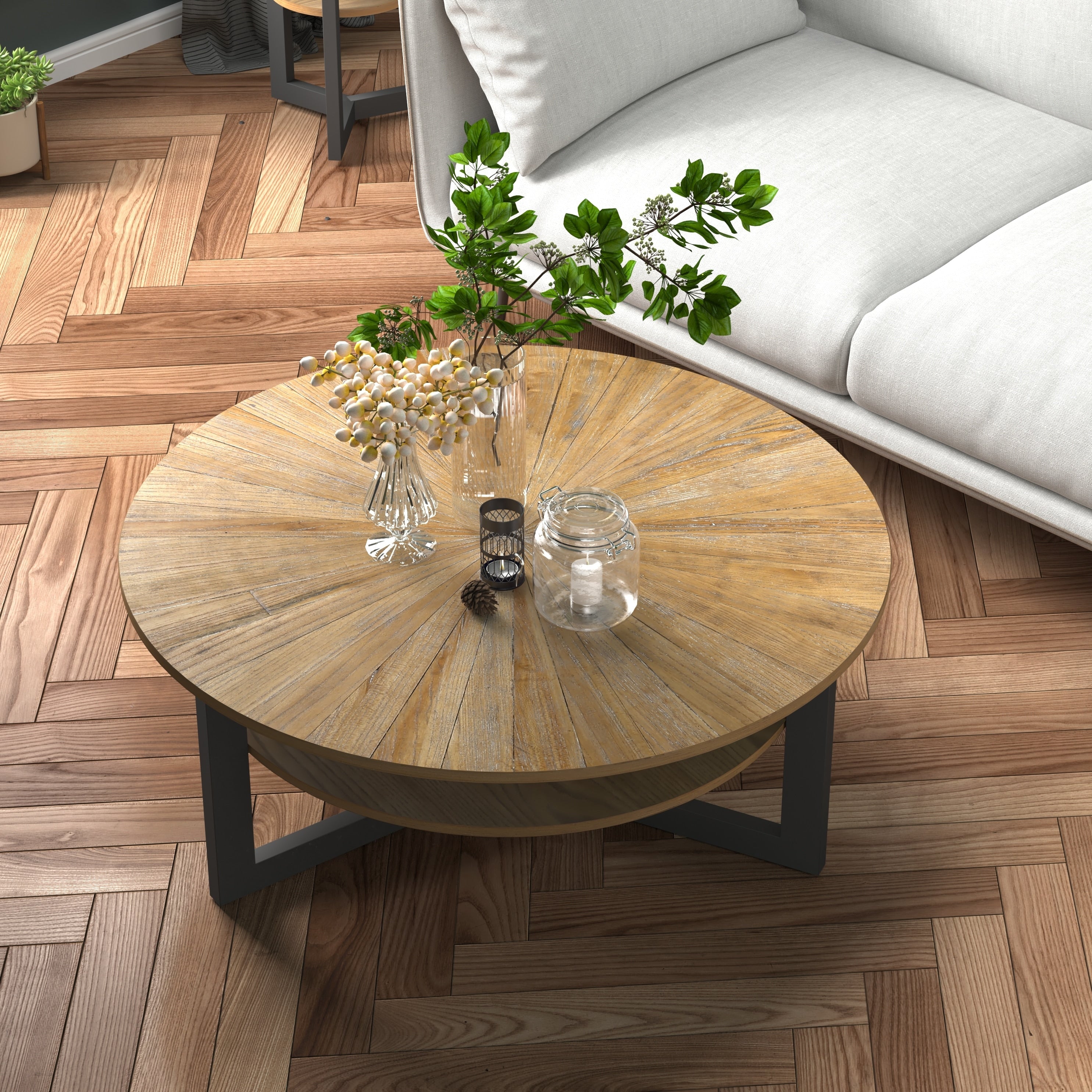 35.27 Urban Industrial Round Cocktail Coffee Table with 2 Tier Stora