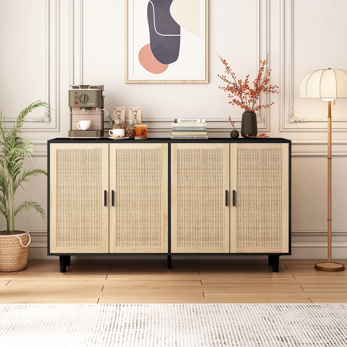 4 door Rattan Storage Cabinet Buffet Cabinet Sideboard with Adjustable