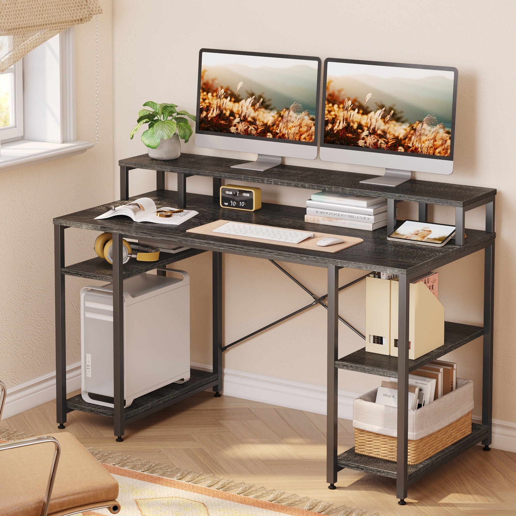 55 Inch Dual Monitor Computer Desk with Adjustable Shelves Overstock