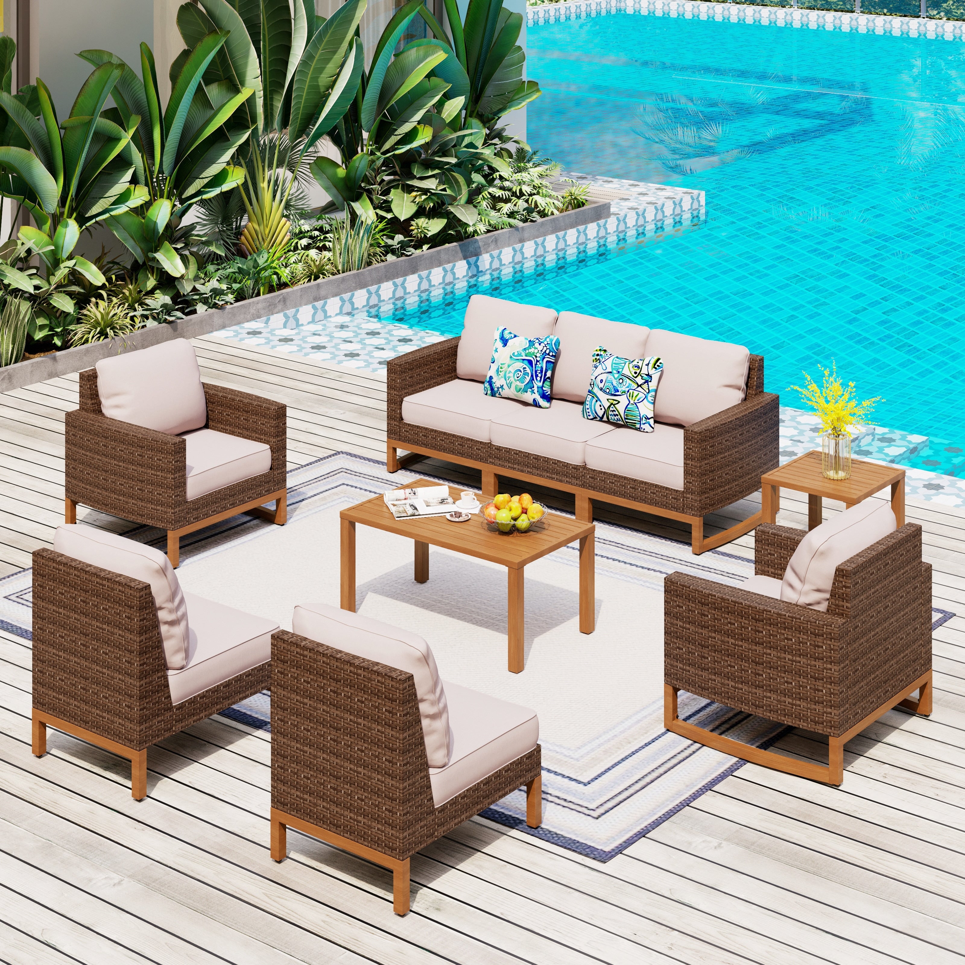 6 9 piece Patio Rattan Wicker Patio Furniture Set Swivel Rocking Chair Overstock
