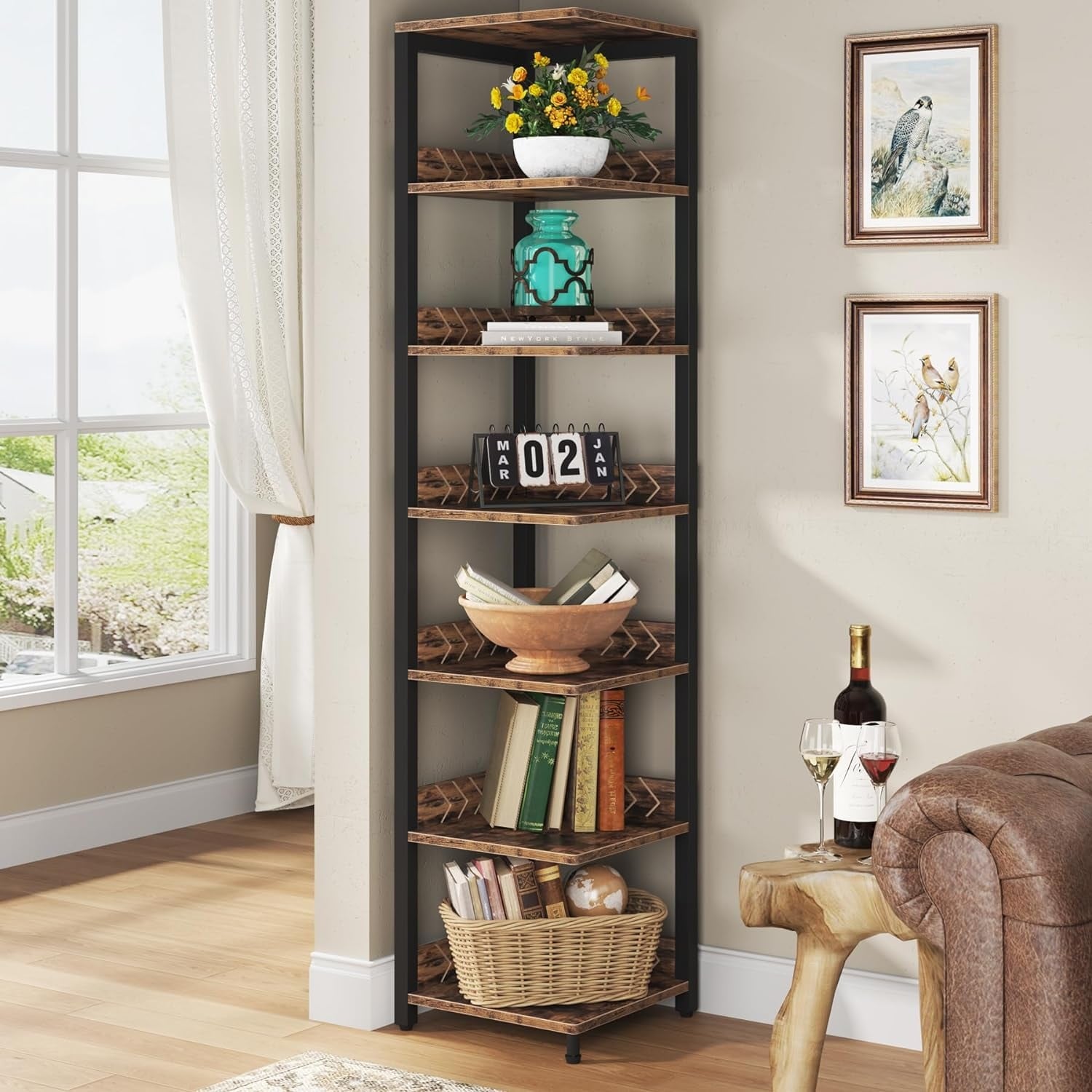 6 Tier Corner Shelf 76.7 Inch Tall Narrow Bookshelf Storage Rack