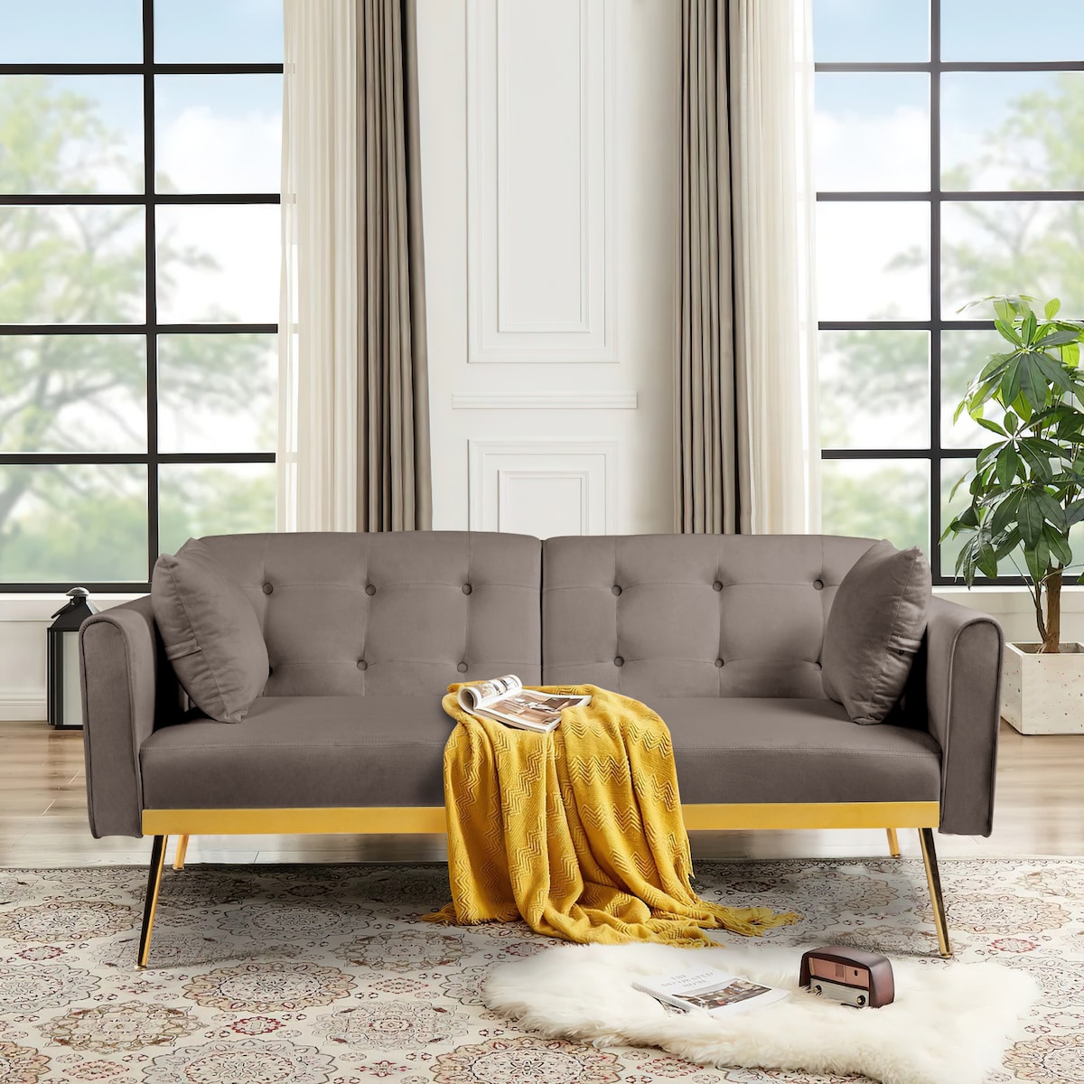 64.96 Modern Industrial Design Velvet Upholstered Recline Sofa Bed wi