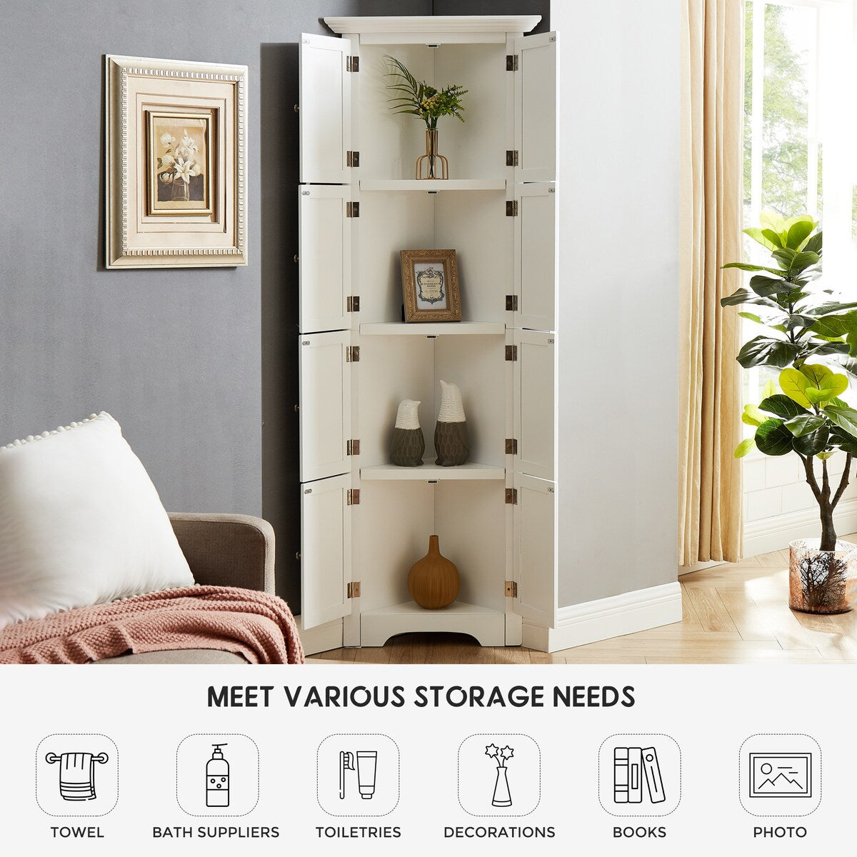 72 Tall Corner Storage 8 Door Wall Cabinet with 4 Shelves