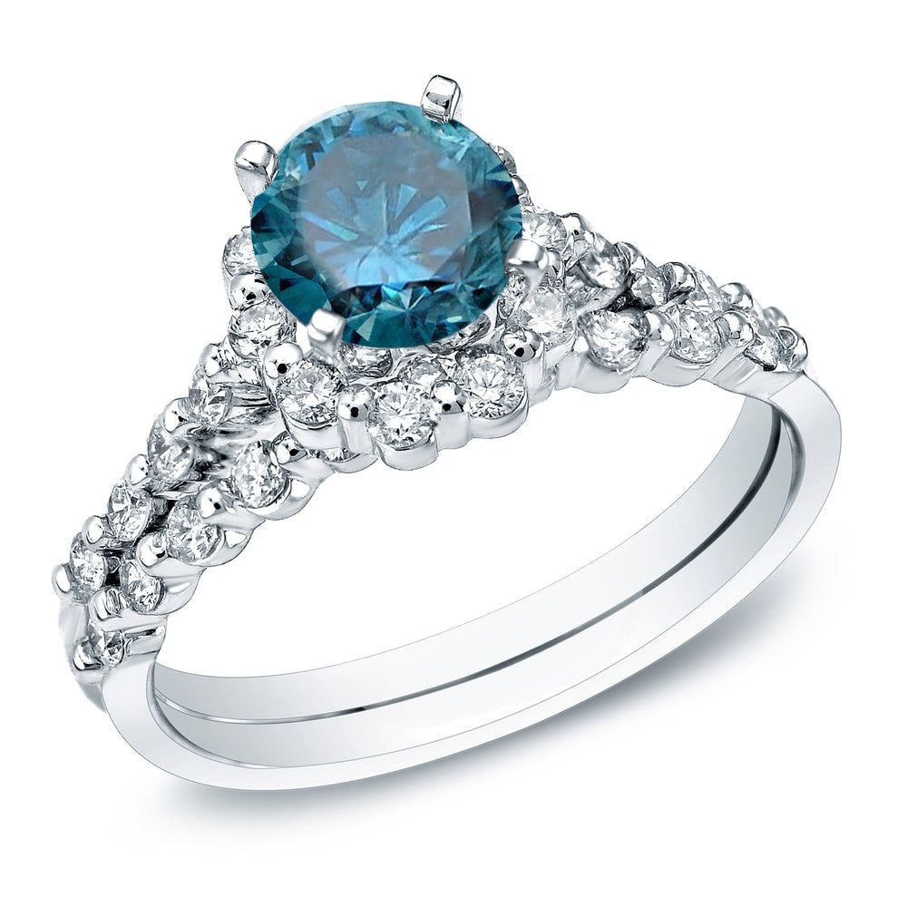 Auriya 14K Gold 1ct TDW Round Blue Diamond Halo Engagement Ring Set White 7.5