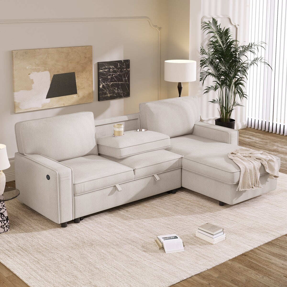 Beige L Shaped Upholstered Sleeper Sectional Sofa with Pull Out Bed an Overstock