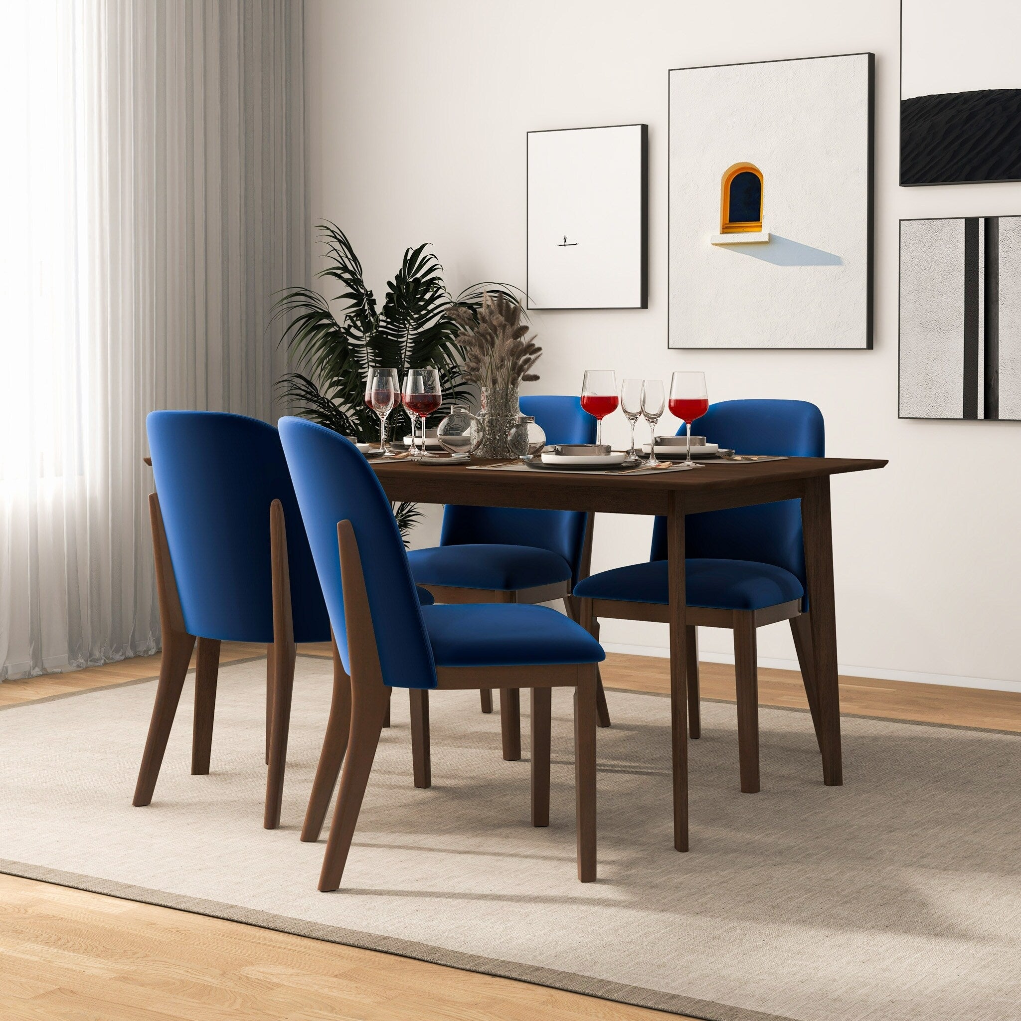 Belar Mid Century Velvet Dining Chair in Navy Blue Set of 2
