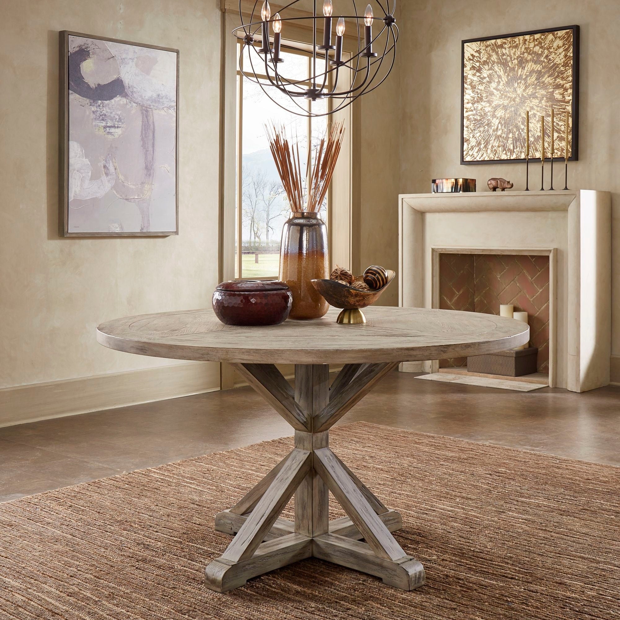 Benchwright Round Antique Grey Oak Dining Table by Inspire Q Artisan 54 Table