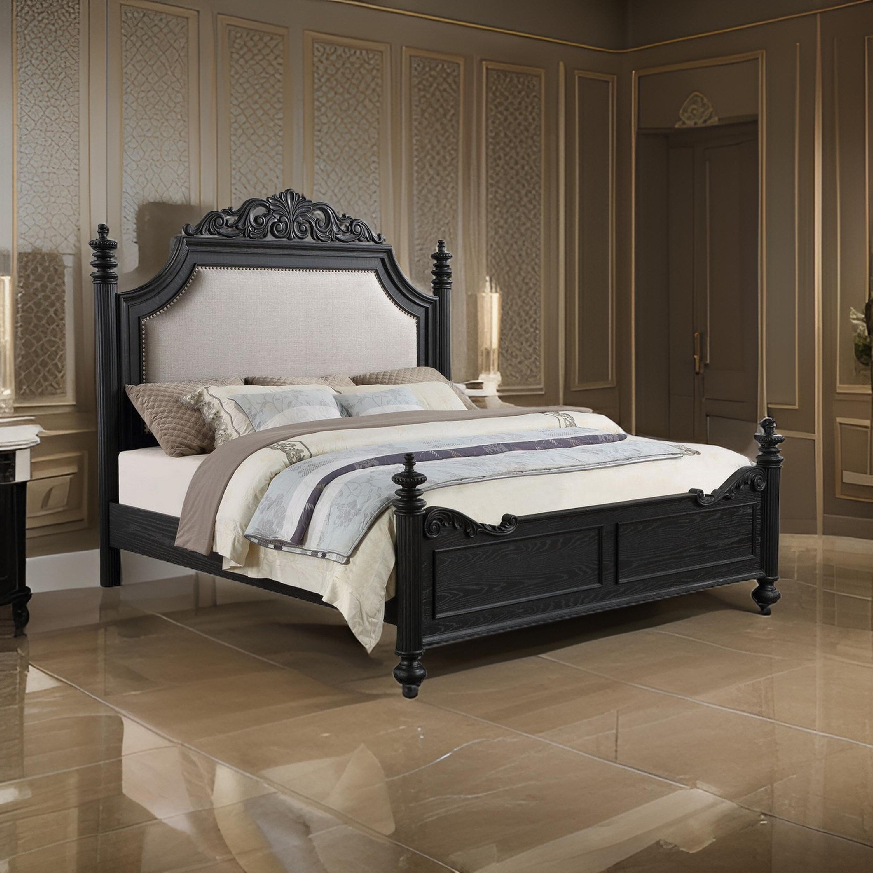 Berry Queen Size Bed Scrolled Headboard Cream Upholstery Black Wood Overstock