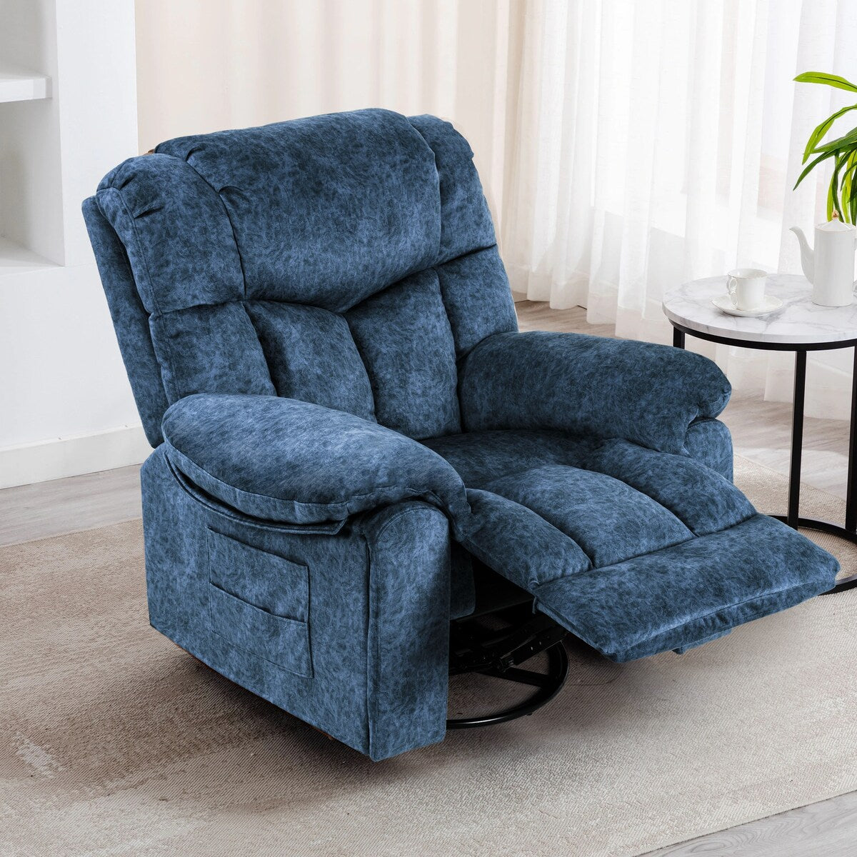 Blue Velvet Swivel and Rocking Recliner Chair with Massage