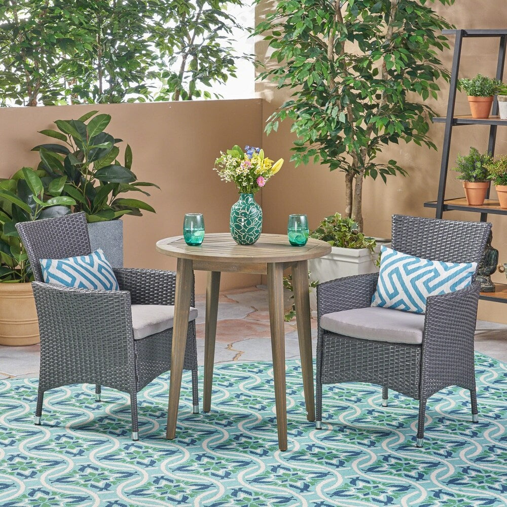 Bruna Outdoor 3 Piece Wood and Wicker Bistro Set by Christopher Knight Overstock