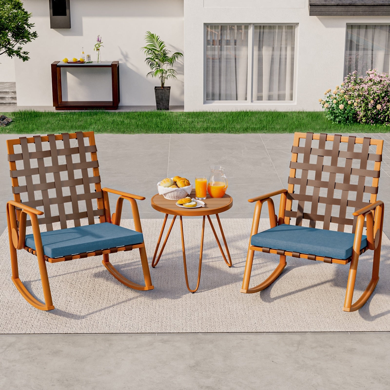 COSIEST Outdoor Patio Rocking Chairs Set of 3 in Faux Leather
