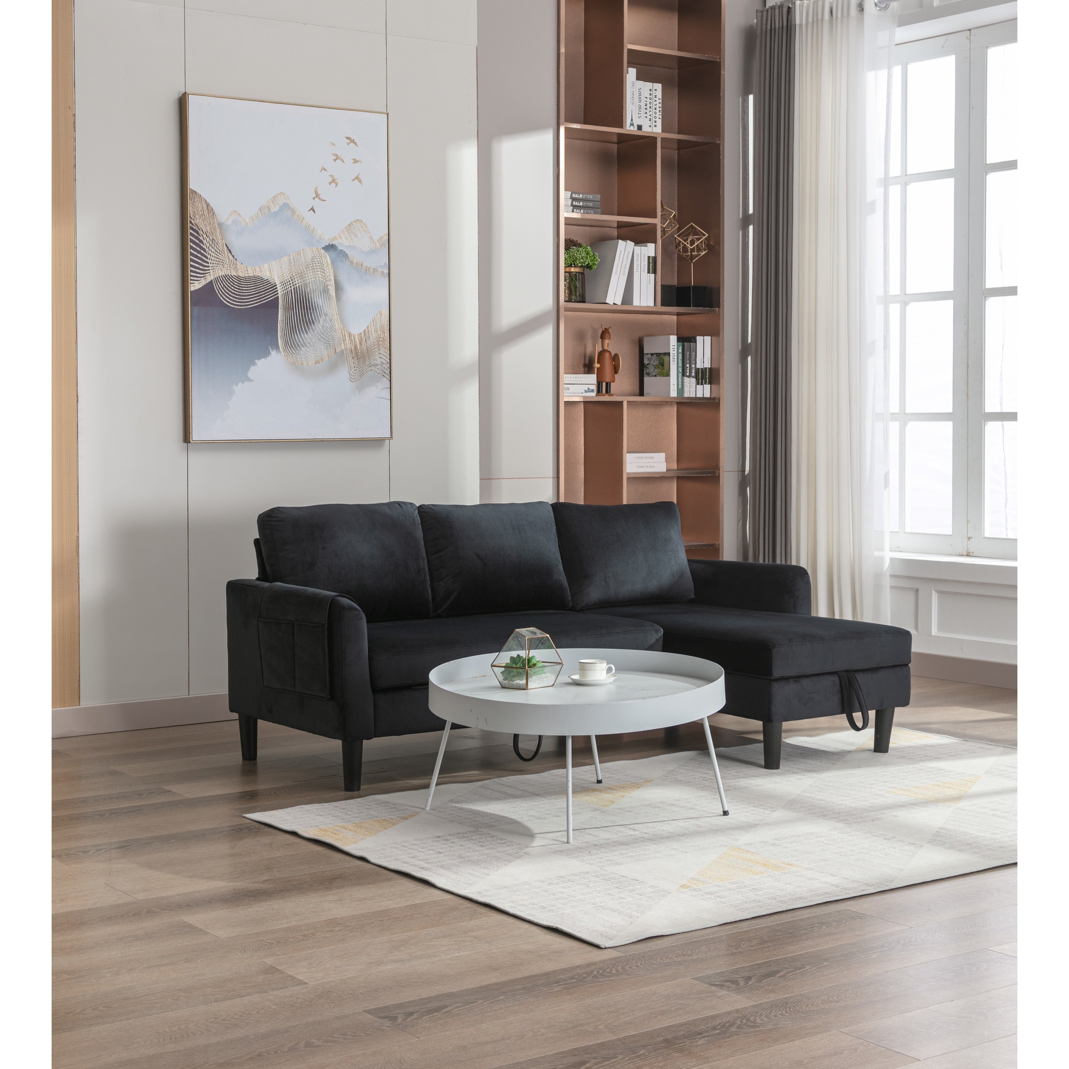 Convertible Chaise Sofa Set Reversible Sectional Sleeper Couch Bed with Storage Chaise Sofa Set for Living Room Couch Black