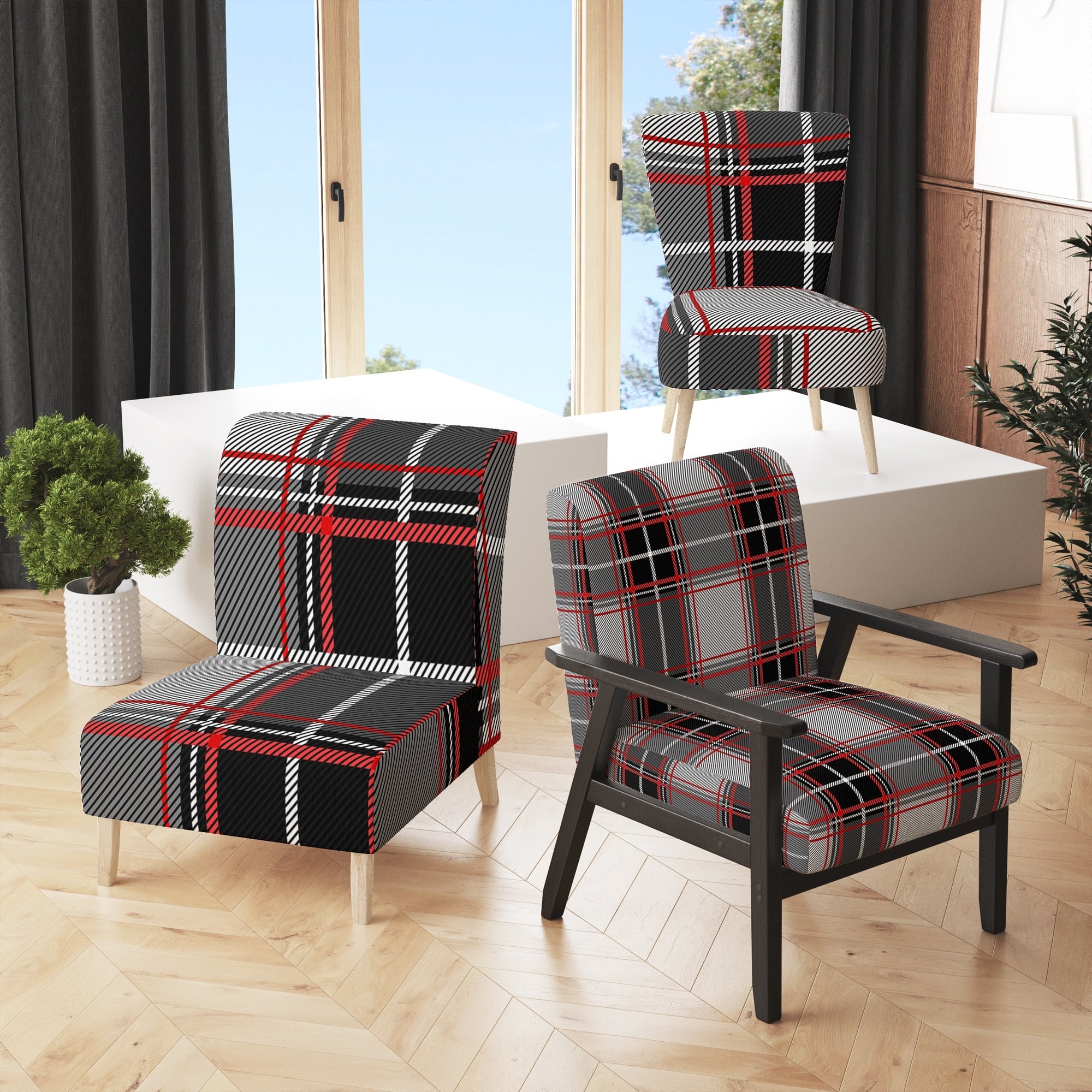 Designart Grey and Red Checked Tartan Upholstered Patterned Accent C Overstock