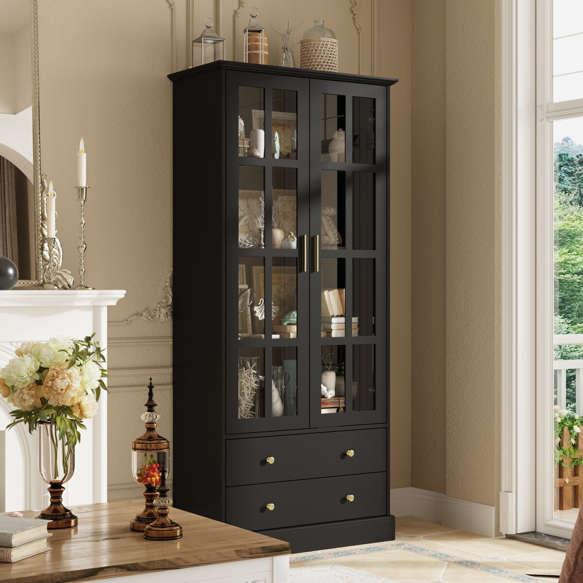 Display Cabinet with Glass Doors Bookcase Accent Living Room Hallway