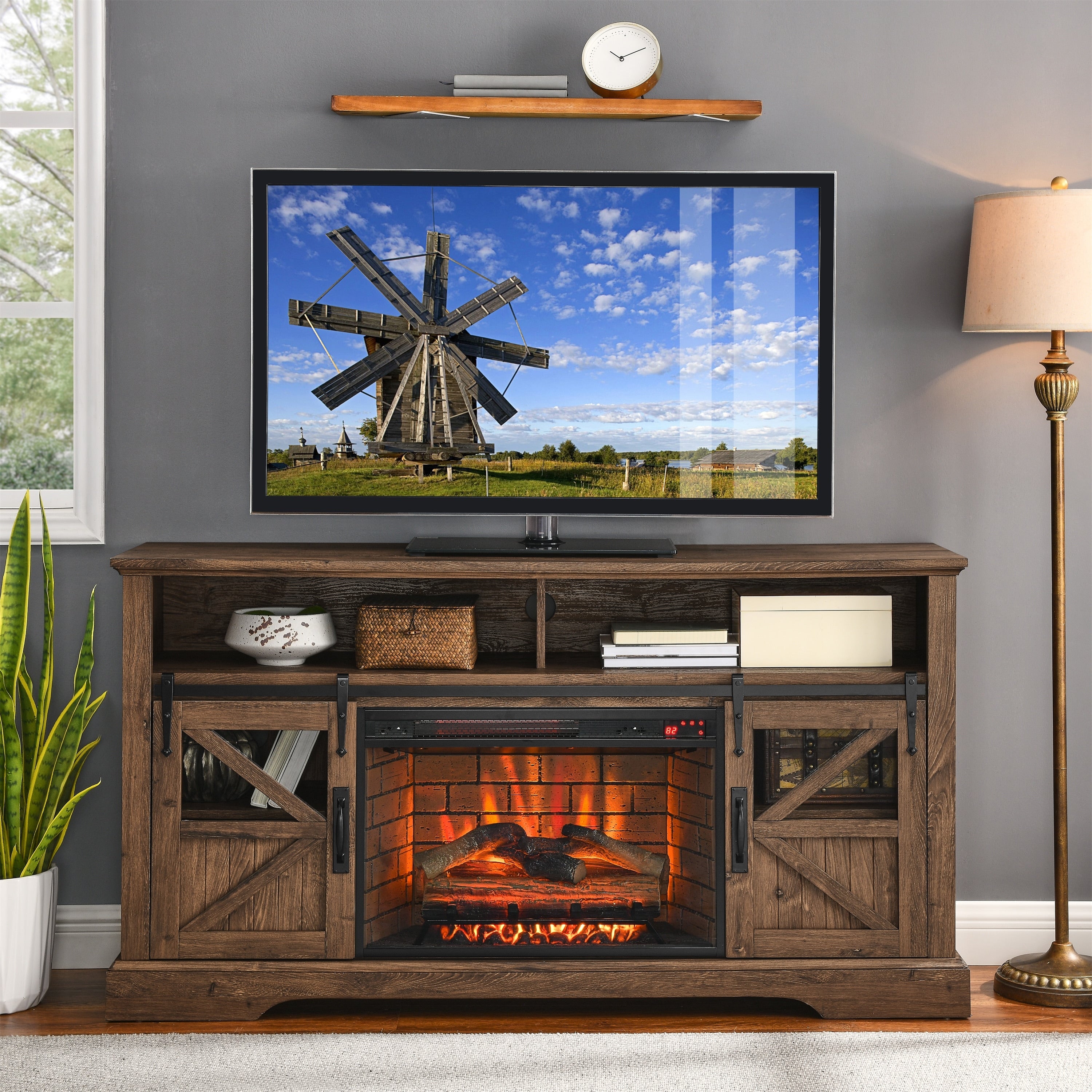 Electric Fireplace TV Stand TV Console with Door Sensor Storage 60