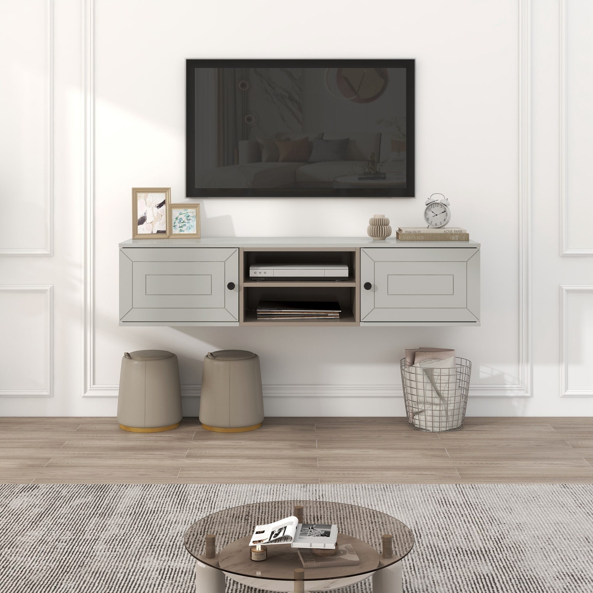 Floating TV Stand Wall Mounted TV Shelf with Large Storage Media Cons