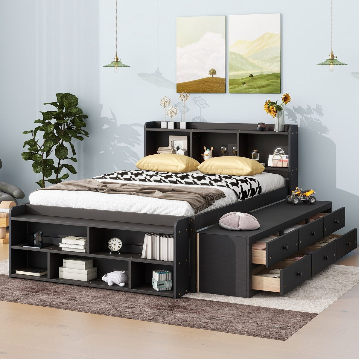 Full Size Platform Bed with Bookshelf Drawers and Bed End Case Overstock