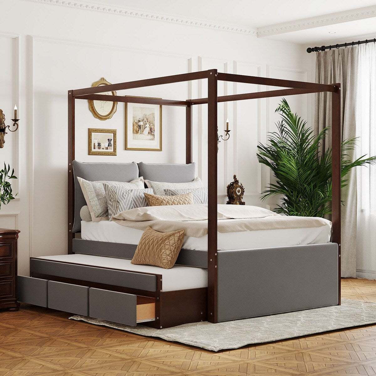 Full Size Upholstered Canopy Bed with Trundle and 3 Storage Drawers 4