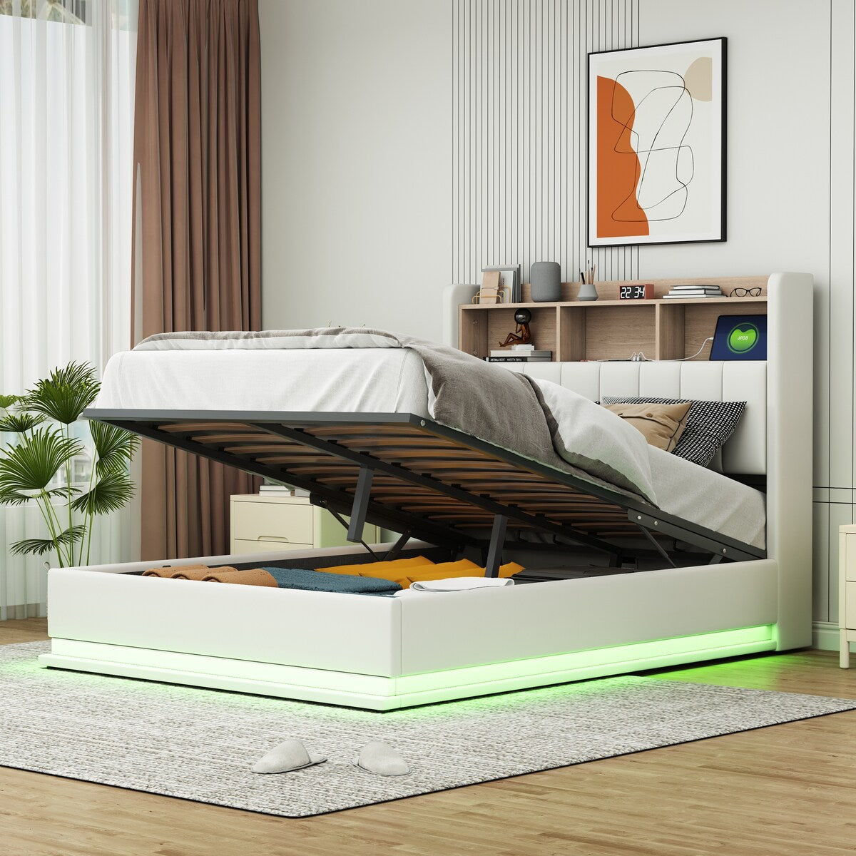 Full Size White Upholstered Storage Bed Frame with USB Port and Socket Overstock