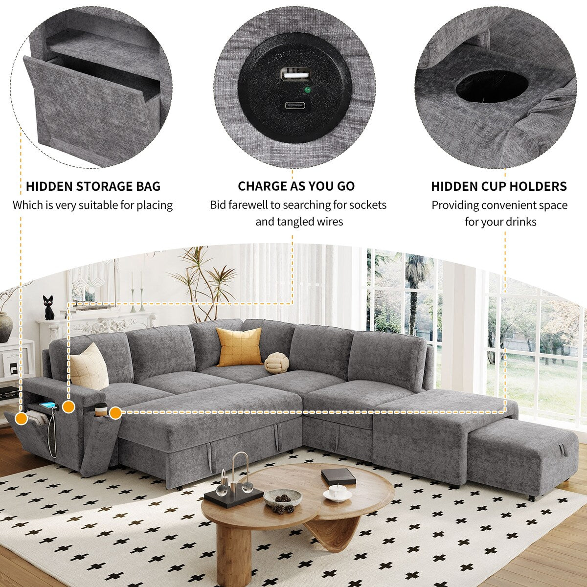 Gray L Shaped Convertible Sectional Sofa with Bed Cup Holders USB Ports Storage and Ottoman