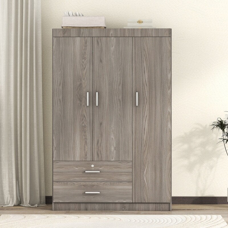 Gray Wood Grain Effect 3 Door Wardrobe with 2 Drawers Overstock