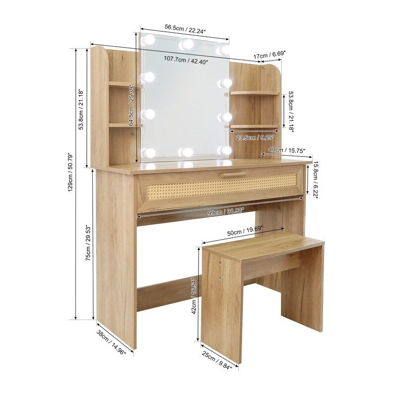 Grondin Boho Style Makeup Vanity Dressing Table Set with Stool LED Li Overstock