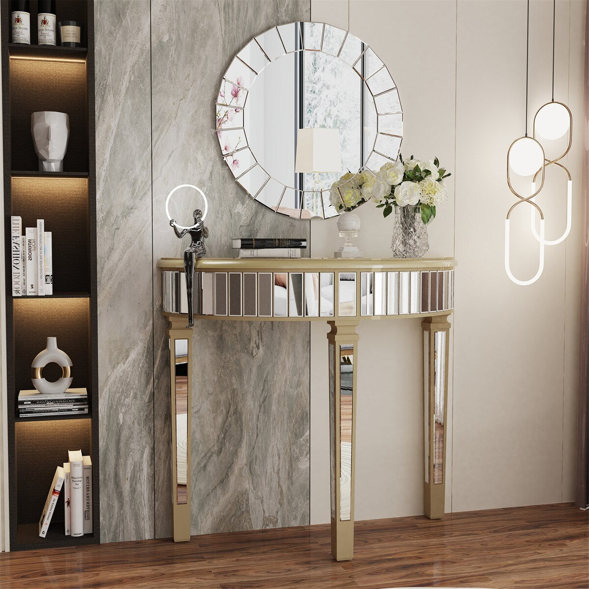 Half Moon Silver Mirrored Console Accent Table Living Room Home Decor Sliver Gold