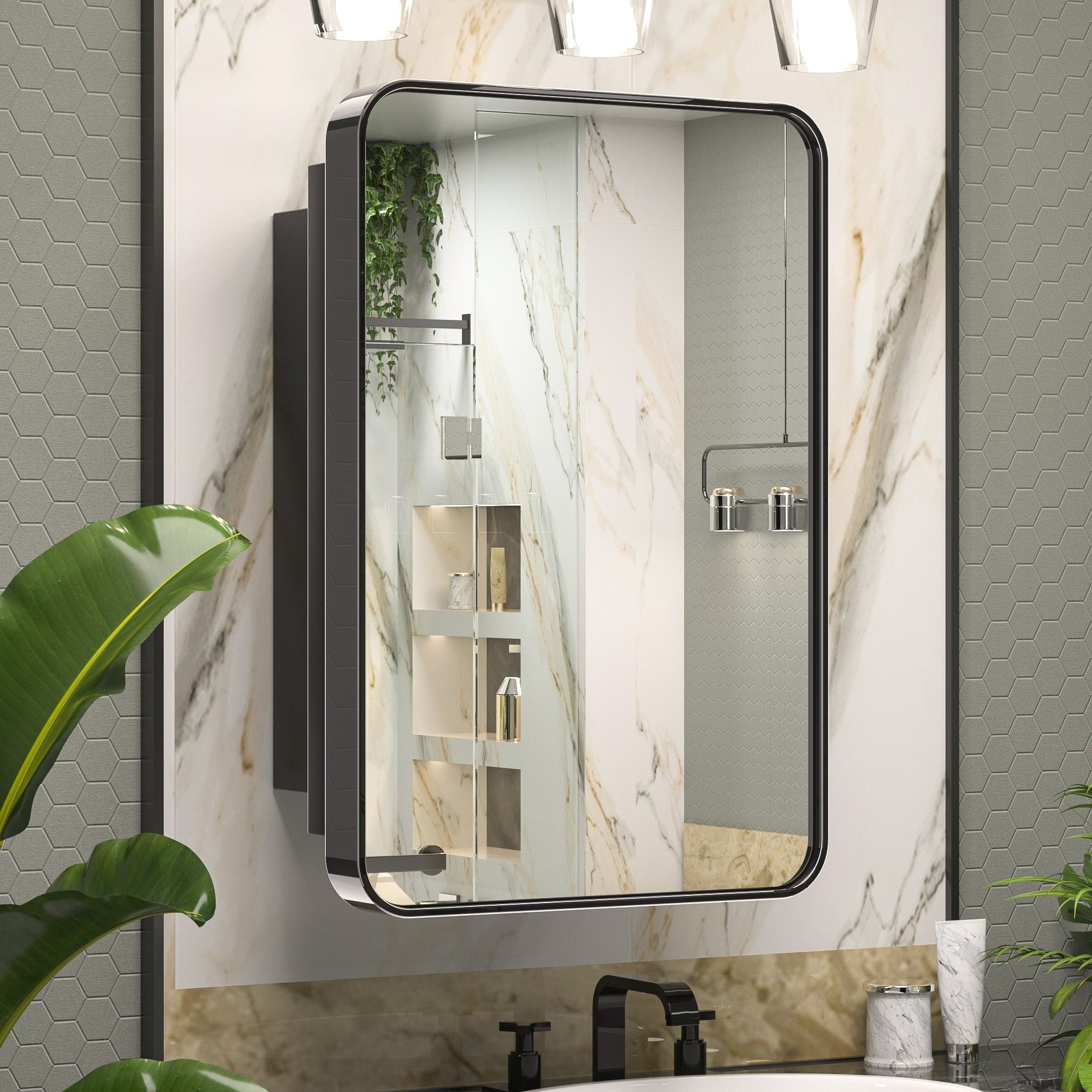 Keonjinn Medicine Cabinets for Bathroom with Mirror Stainless Steel 1 3 Framed Doors 30 x32 Black