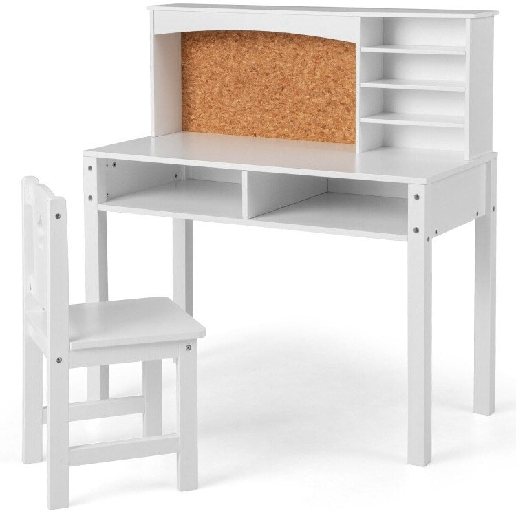 Kids Desk and Chair Set with Hutch and Bulletin Board for 3 Kids 31