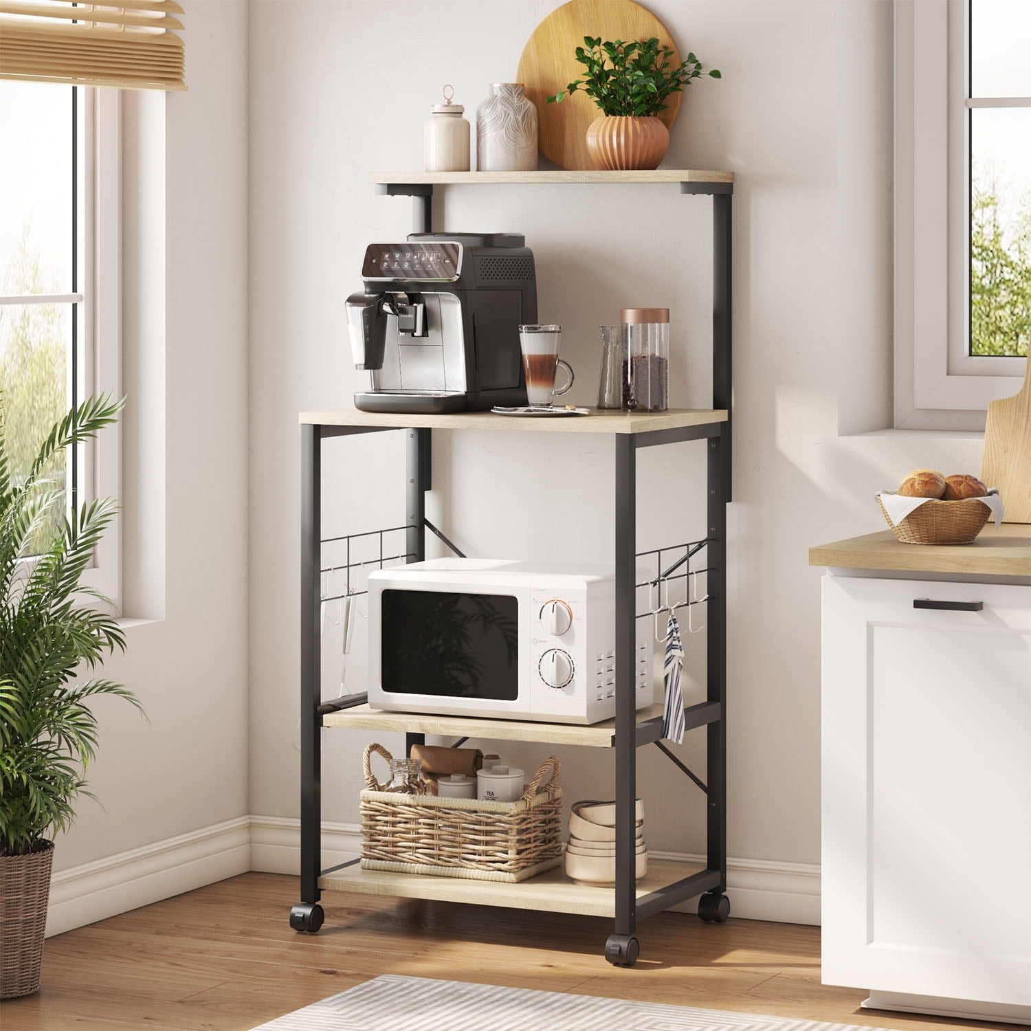Kitchen Bakers Rack with Storage Shelves USB Outlets Microwave Oven Stand Kitchen Shelf Organizer