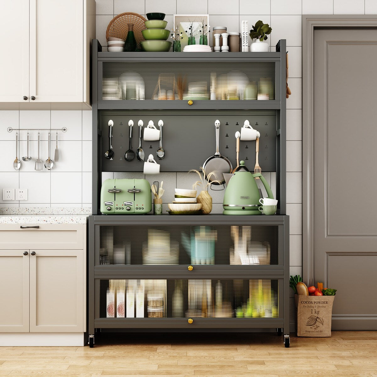 Kitchen Storage Cabinets with wheels Bakers Rack Countertop Microwa
