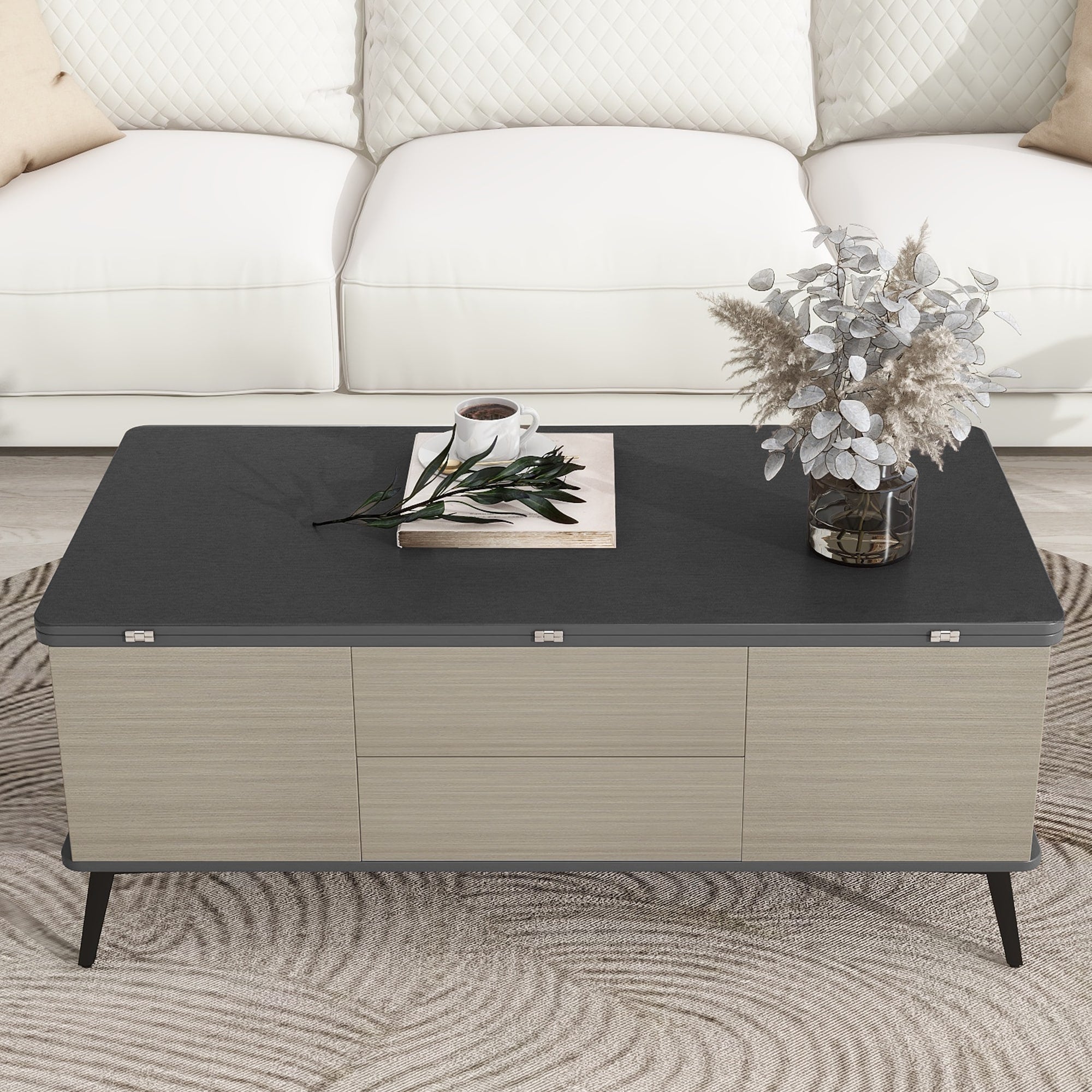 Lonlush Lift Top Coffee Table Set with Storage Convertible Dining Table with Ottomans Dark Grey