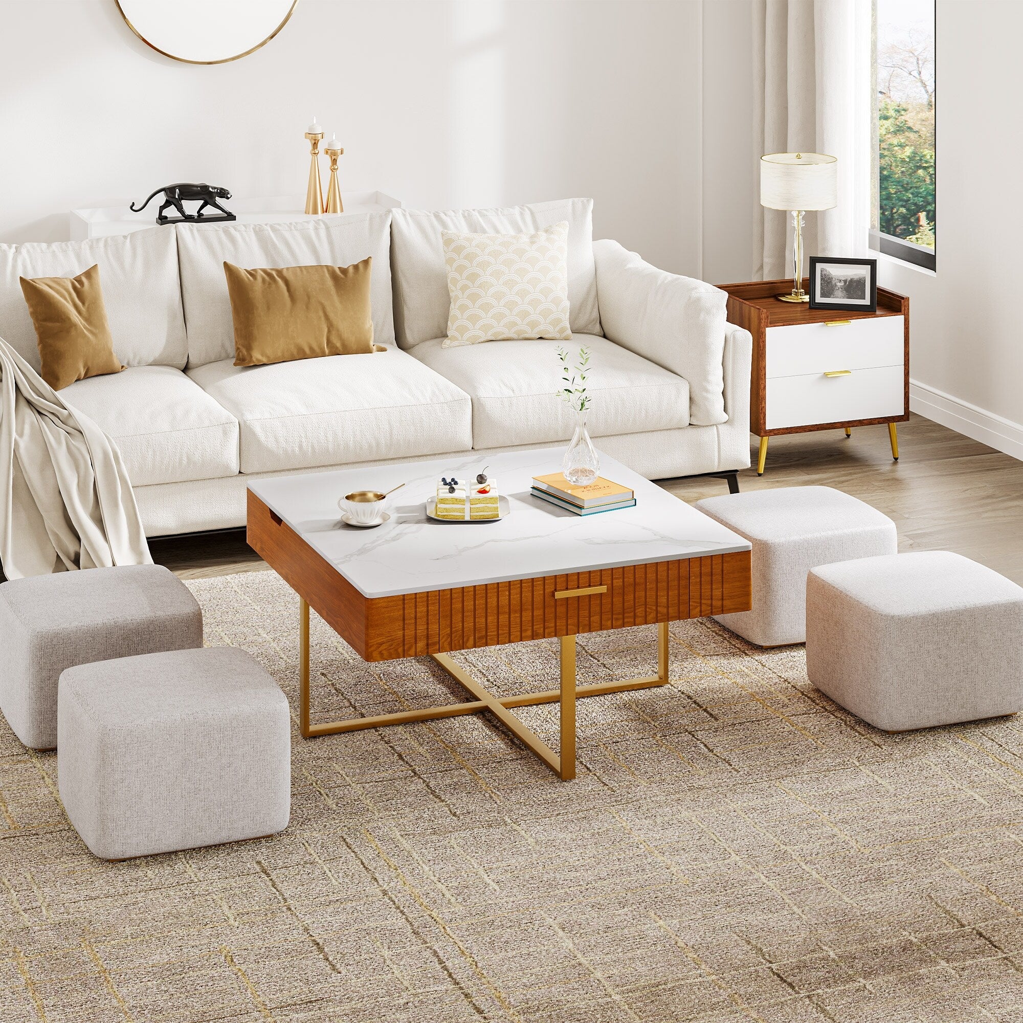 Lift Top Coffee Table with Hidden Storage and 4 Ottomans