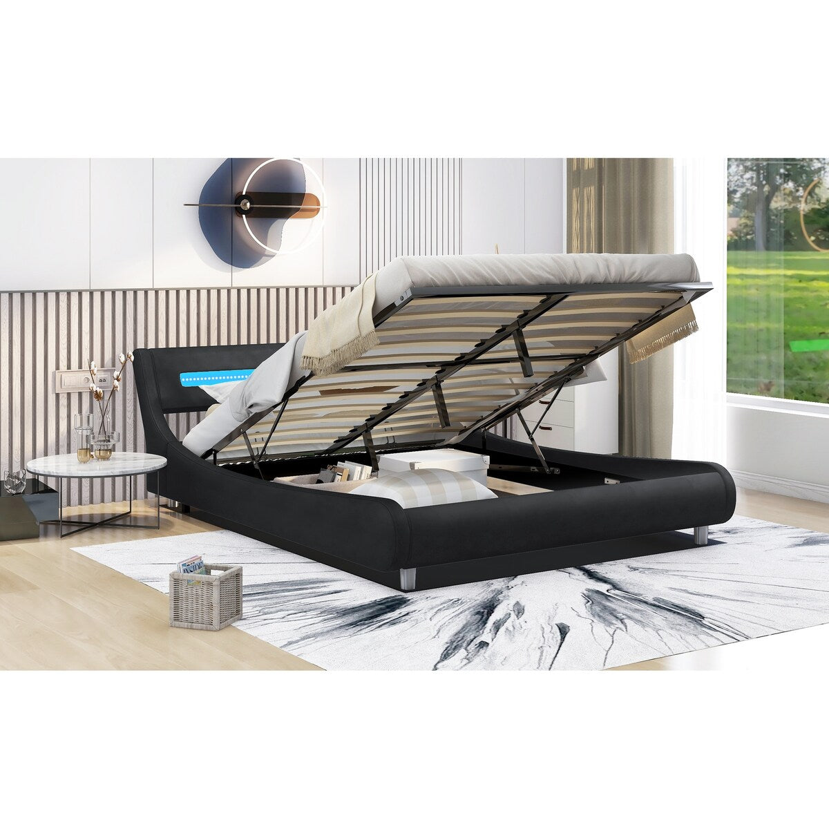 Lift Up Storage Bed Queen Size Low Profile Platform Bed with LED Headb Overstock