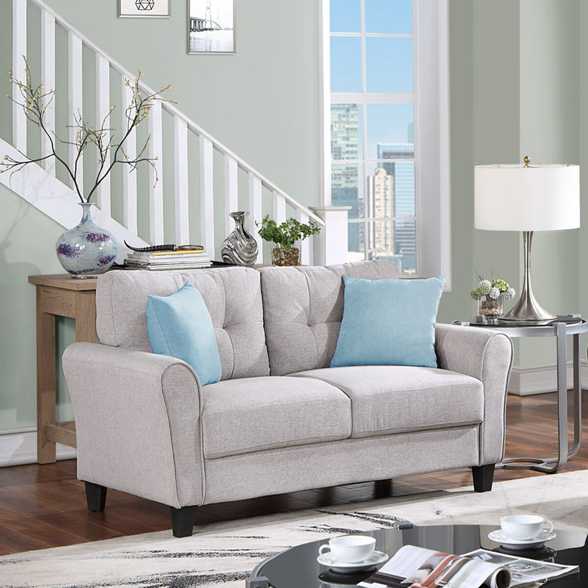Linen Sofa Set with Tufted Back Cushion and High Resilience Foam Seat