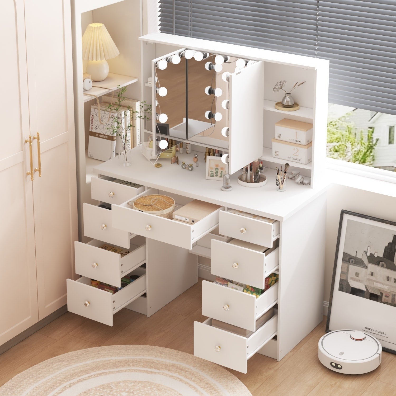 Luxurious LED Makeup Vanity with 9 Drawers Elegant Makeup Station