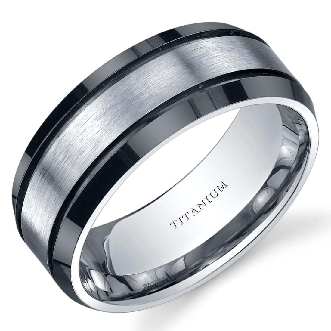 Men s Titanium Wedding Band Black and Silver 8mm Beveled Edge