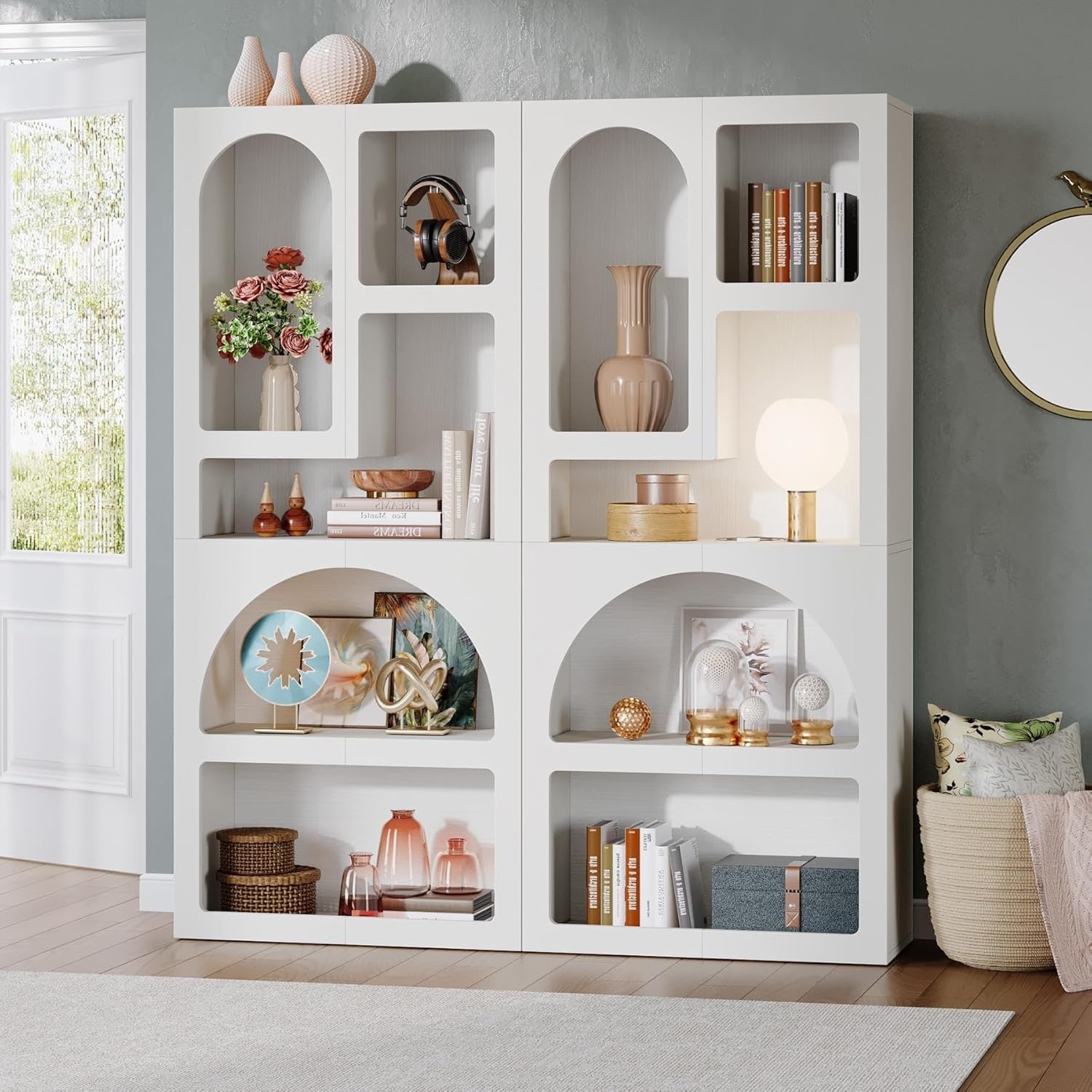 Modern 70 Tall Geometric Bookshelf Arched Bookcase with 5 Irregular