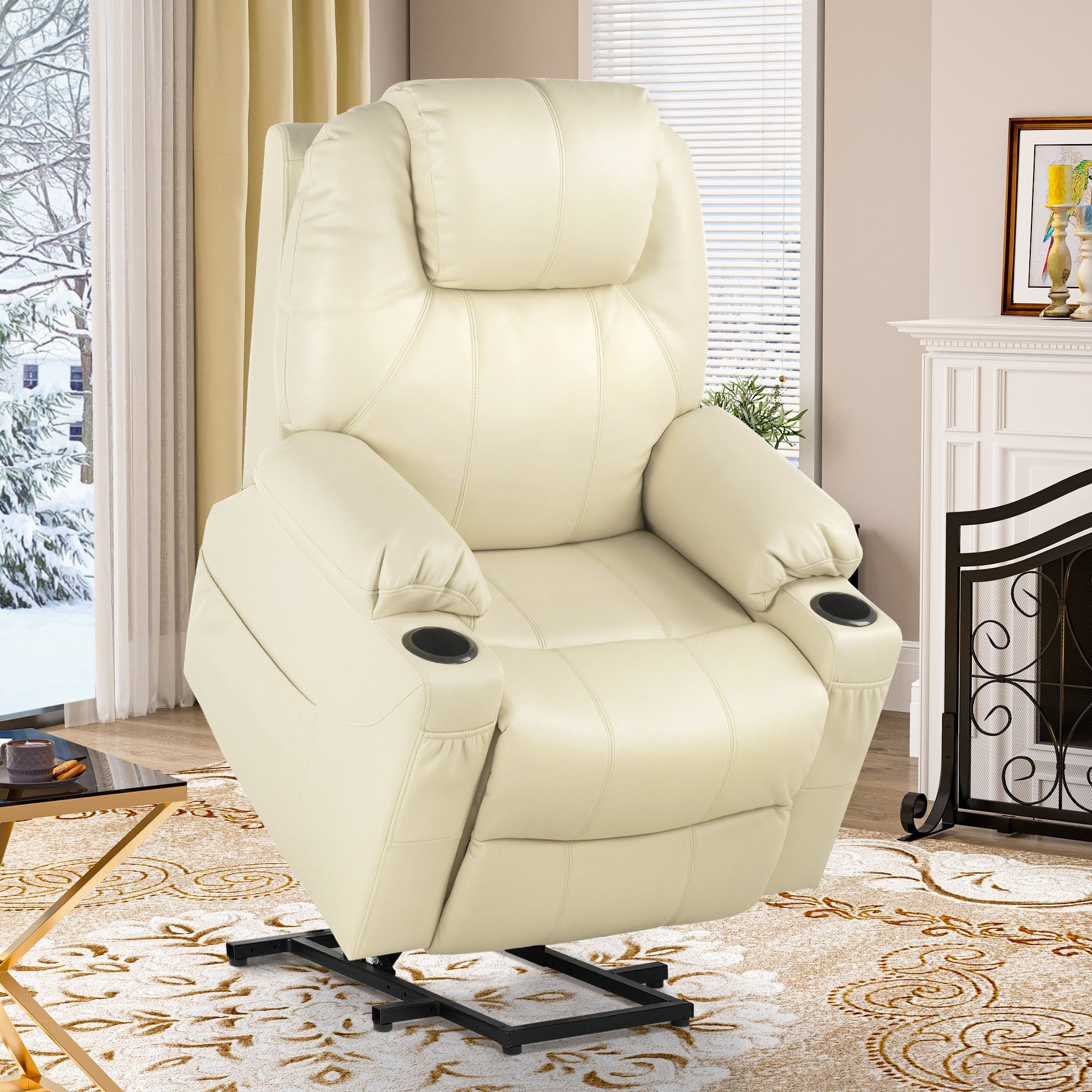 Modern Off White Reclining Chair Faux Leather Fabric Massage