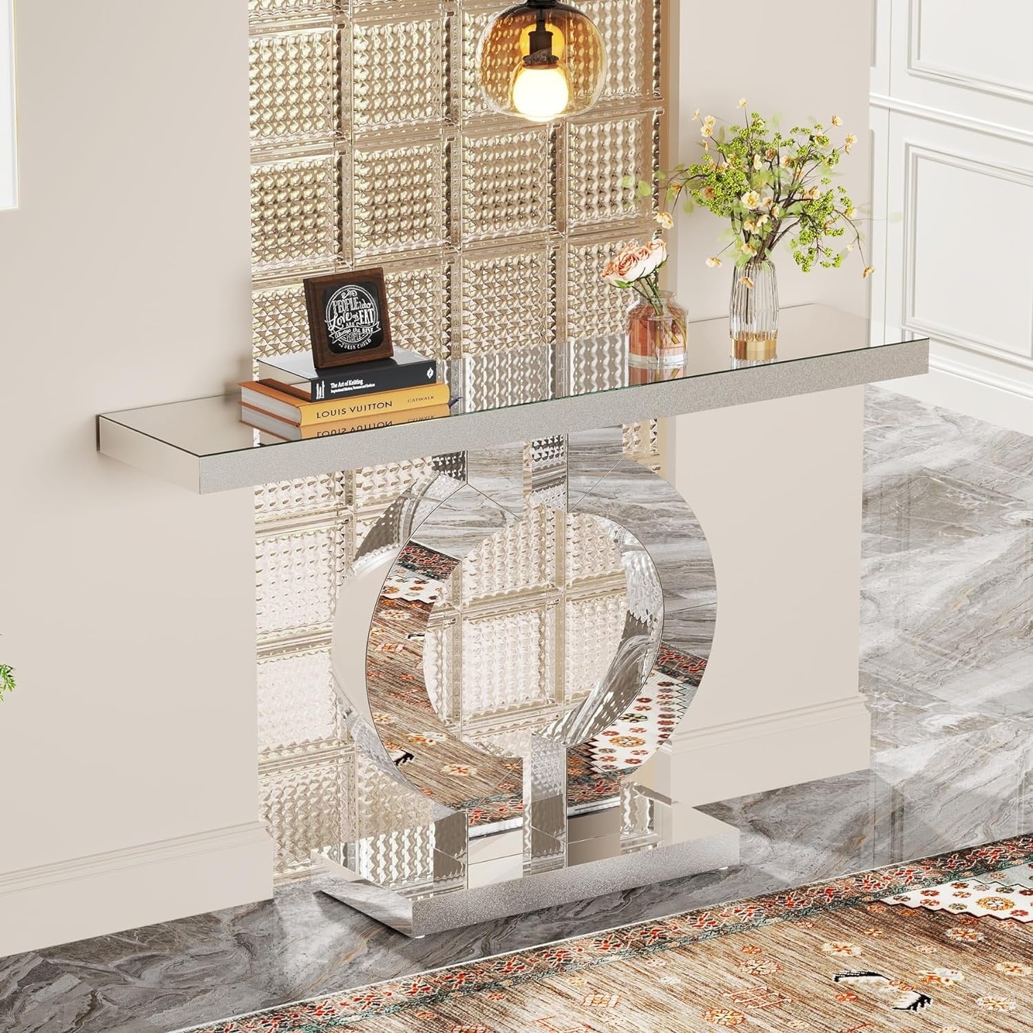 Modern Silver Entryway Table Glass Sofa Table with Mirror Finish 11