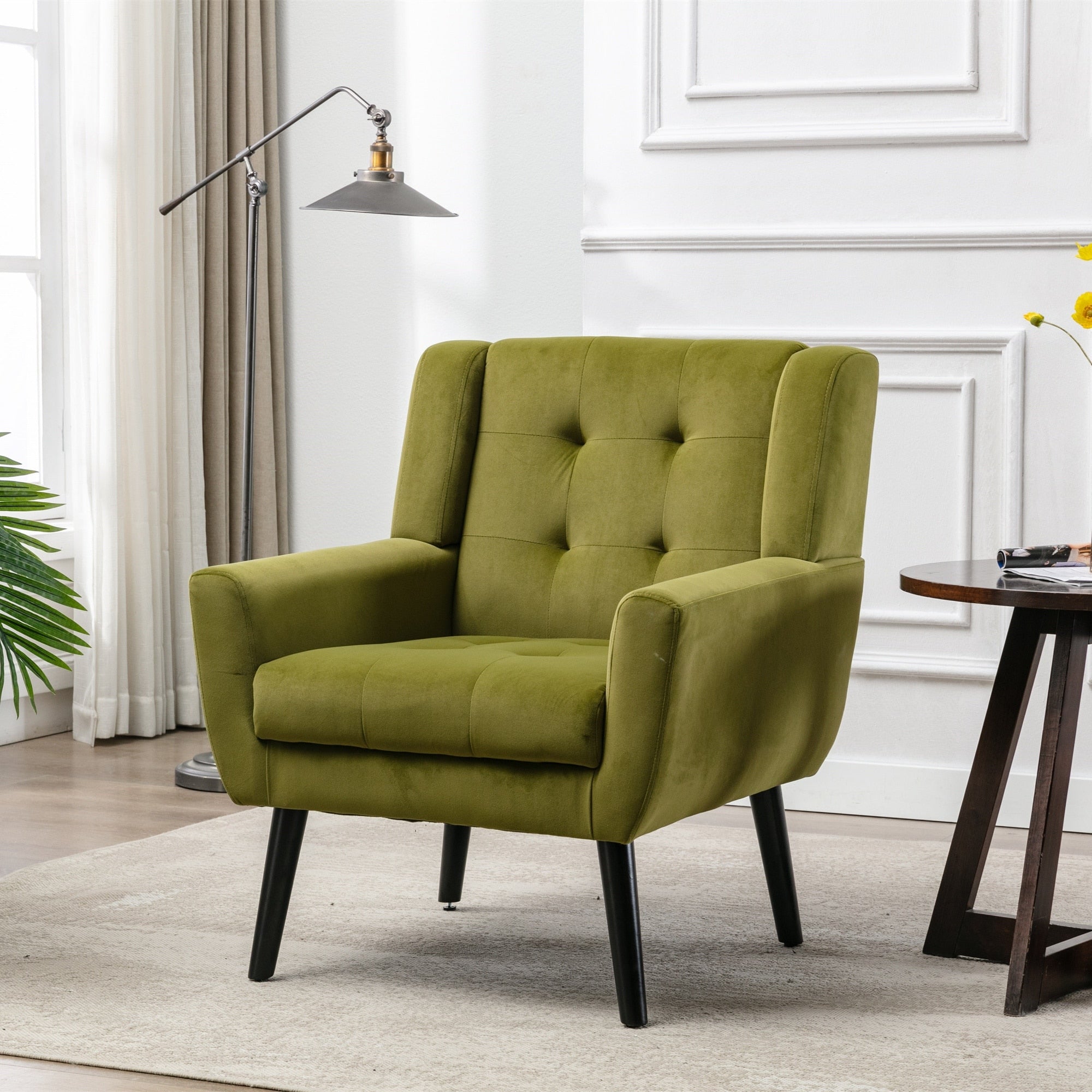 Modern Soft Material Ergonomics Accent Chair with Black Legs Light Green Velvet